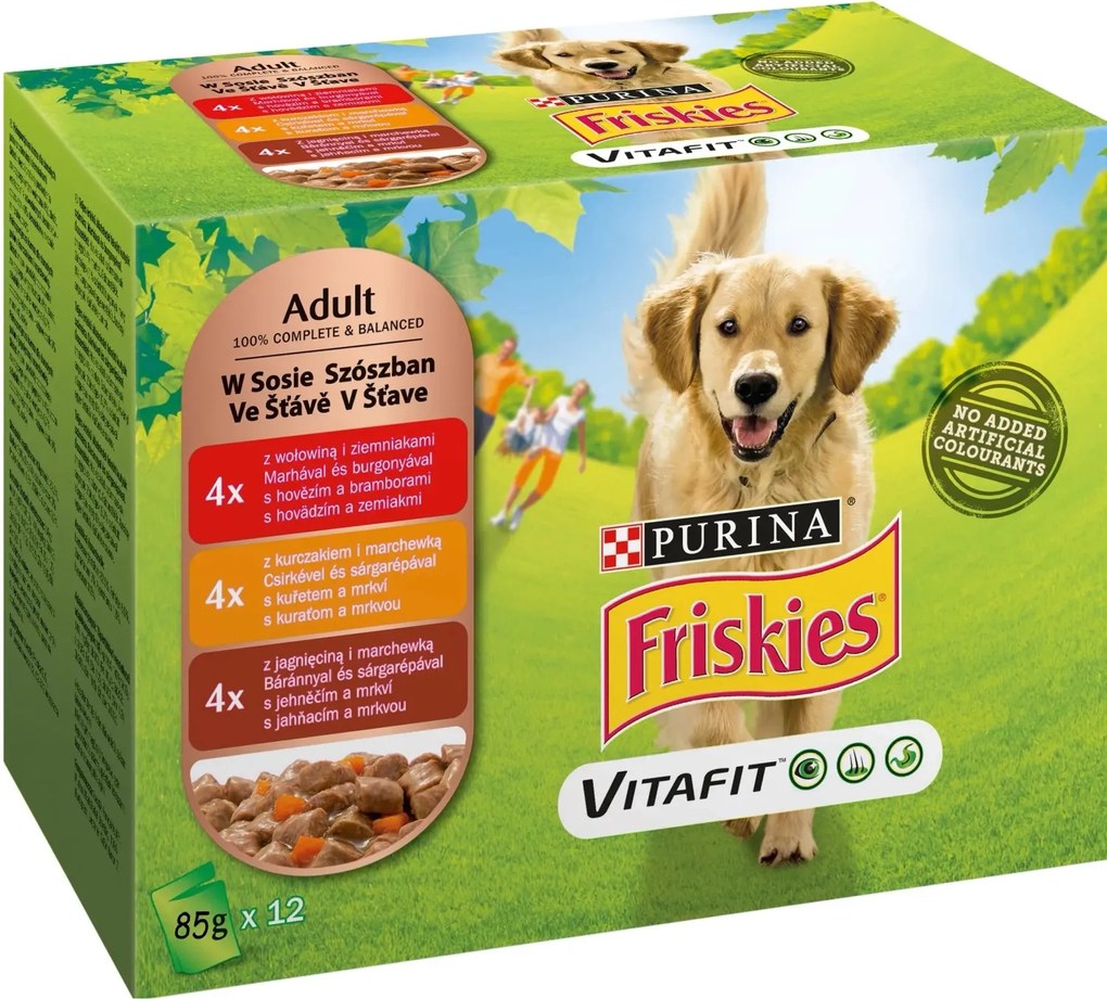 Purina Kapsičky pro psy Friskies Adult hovězí, kuřecí, jehněčí ve šťávě 12x85 g