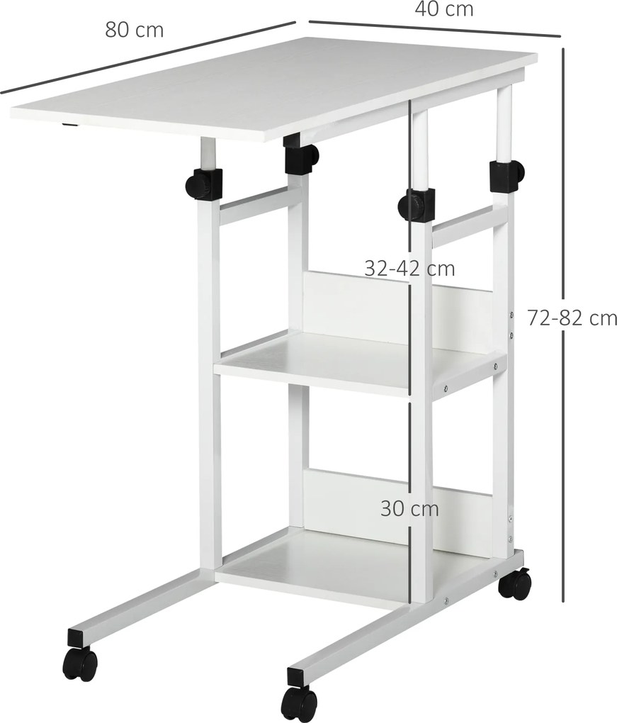 HOMCOM Odkládací stolek s kolečky Výškově nastavitelný konferenční stolek, 2 police, dřevotříska E1, bílá, 80x40x72-82 cm| Aosom