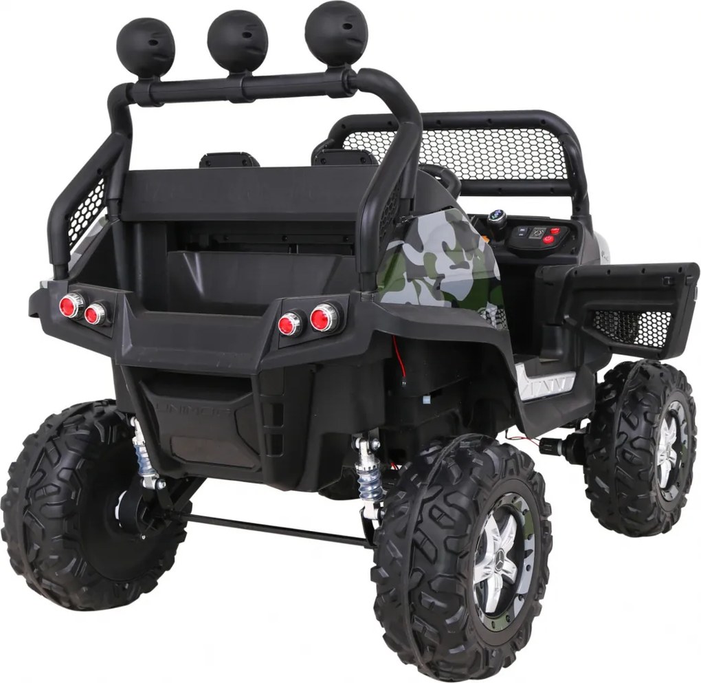 Ramiz Mercedes Benz Unimog elektrické autíčko pro děti maskáčové lakované + pohon 4x4 + dálkové ovládání + nosič zavazadel + pomalý start + MP3 + LED