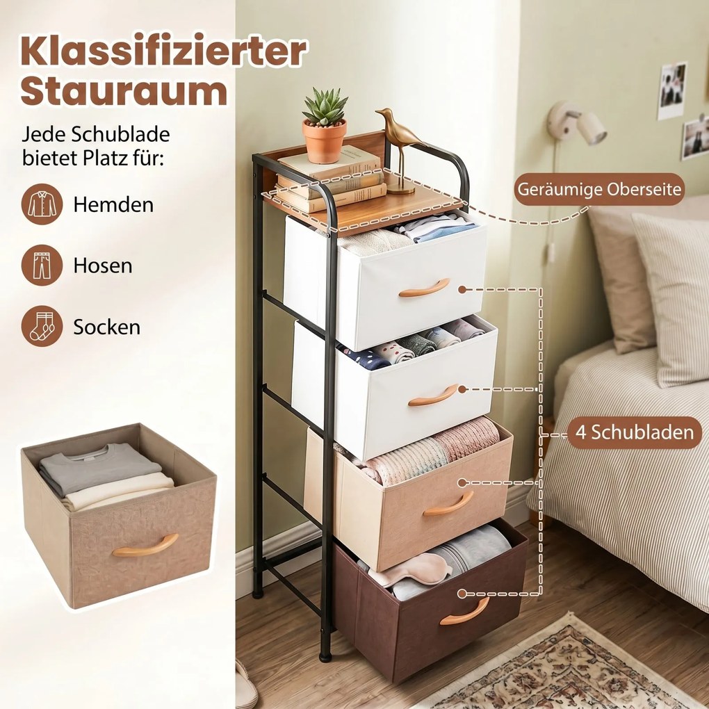 Costway Komoda s 4 látkovými zásuvkami. Zásuvková skříň s kovovým rámem