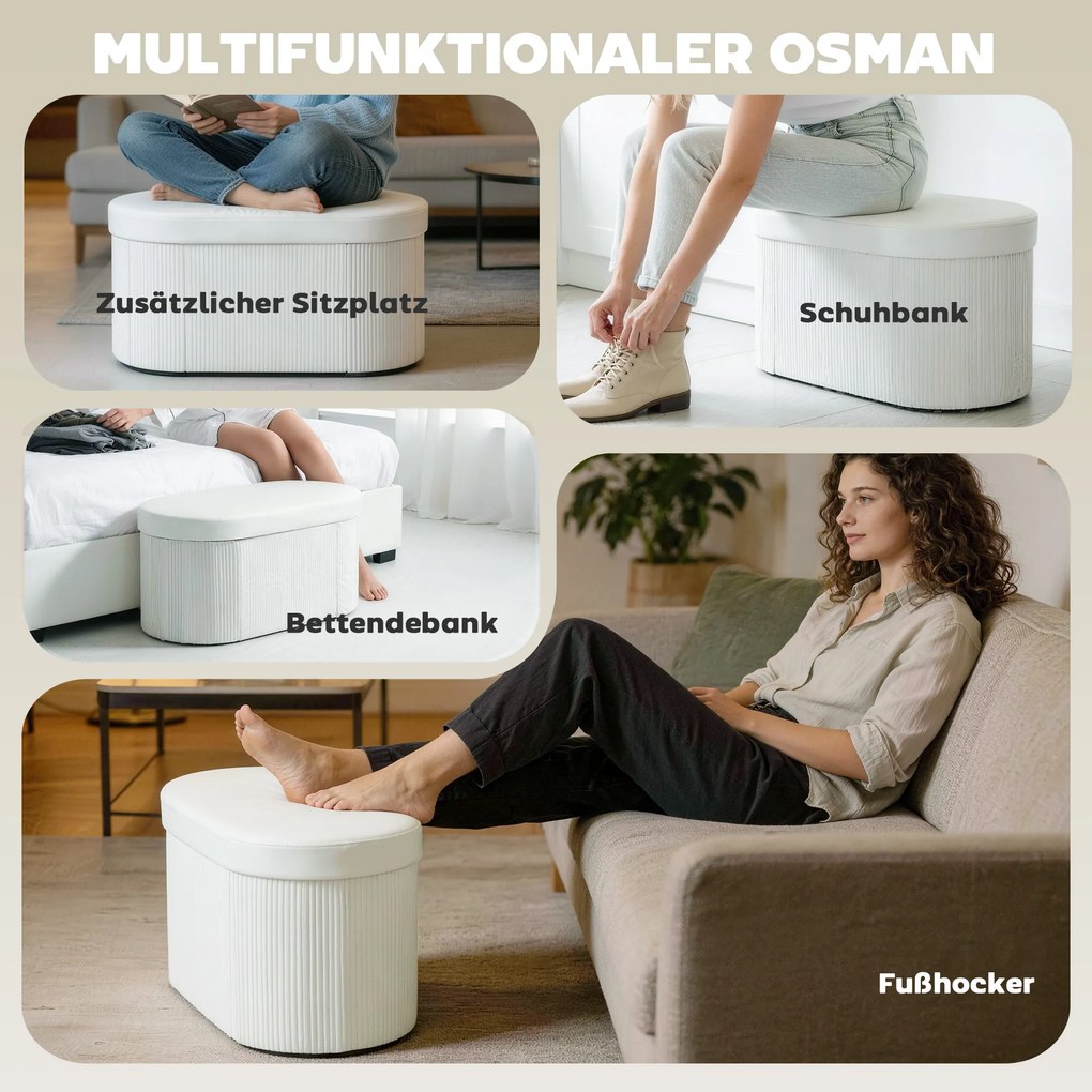 Skládací úložná lavice HOMCOM 76 × 38 × 35 cm – polstrovaný sedák se sametovým vzhledem, úložný taburet do obýváku, předsíně i ložnice, krémová