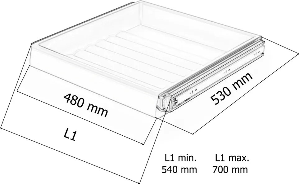 In-Design Plastová polička na prádlo plný výsuv šedá Šířka koše (mm): 480 mm, Minimální nastavitelná šířka: 540 mm, Maximální nastavitelná šířka: 700 mm