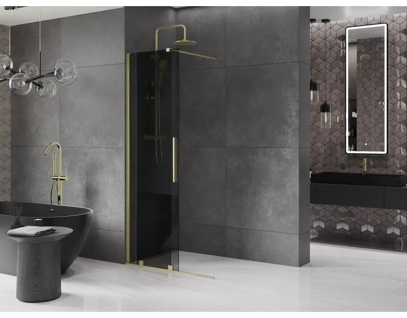 Mexen Velar, sprchová zástěna s posuvnými dveřmi Walk-in 70 x 200 cm, 8mm šedé sklo, zlatá matná, 871-070-000-43-55