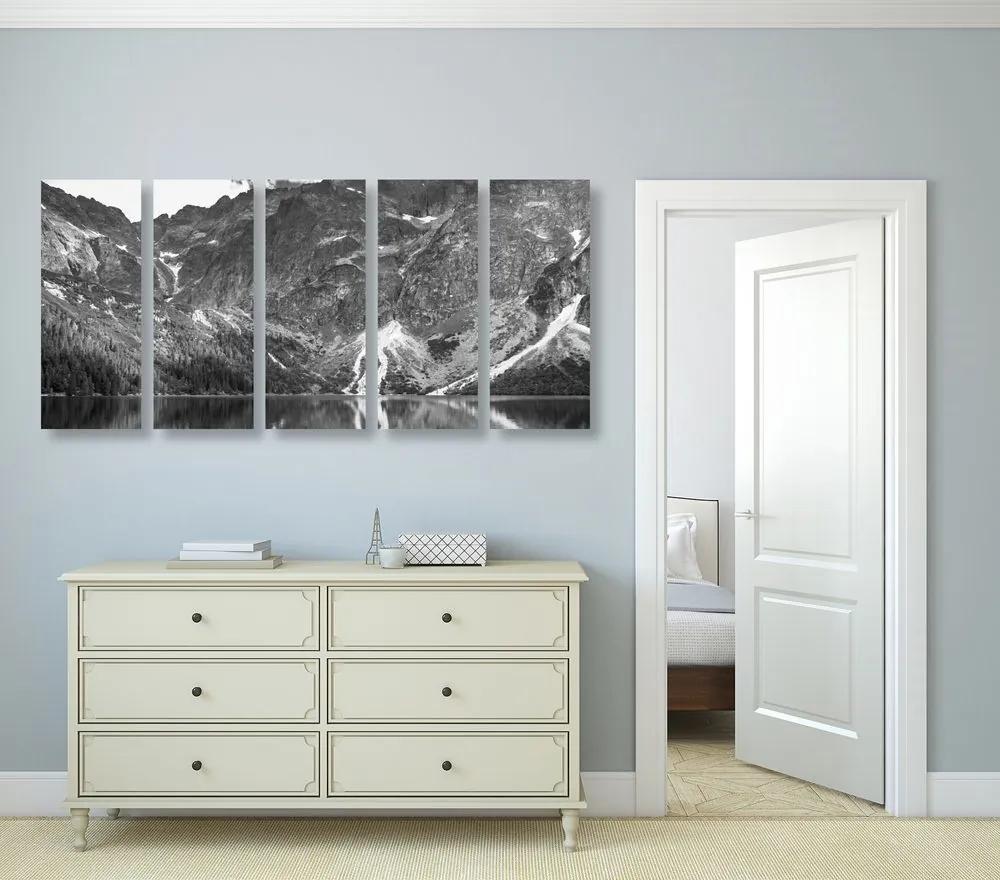 5-dílný obraz Mořské oko v Tatrách v černobílém provedení - 100x50 cm