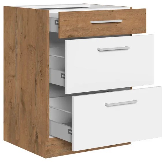 Spodní kuchyňská skříňka se zásuvkami Woodline 60 D 3S BB, Barva: Dub lancelot / bíly lesk