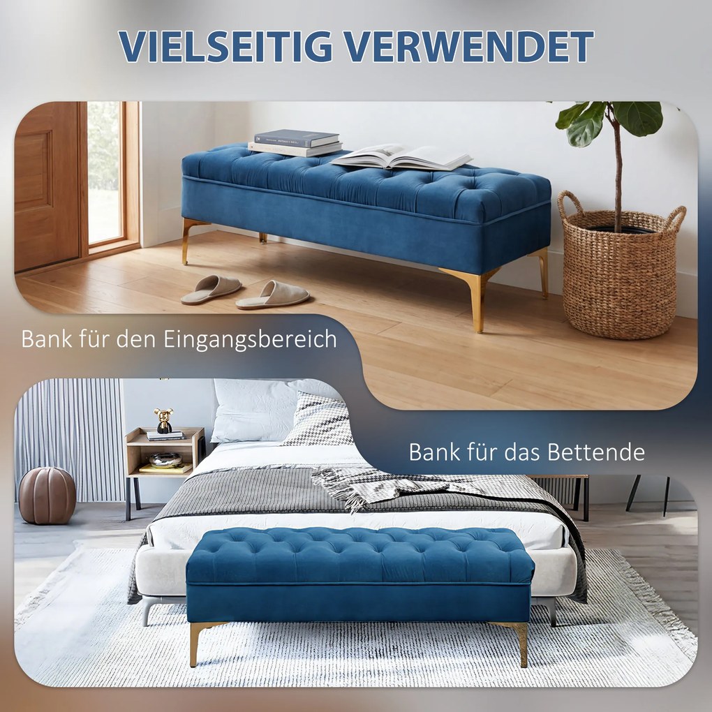 HOMCOM Lavice k posteli lavice na boty sametová modrá 118 x 45 x 42 cm se zvýšenými nohami do ložnice a předsíně
