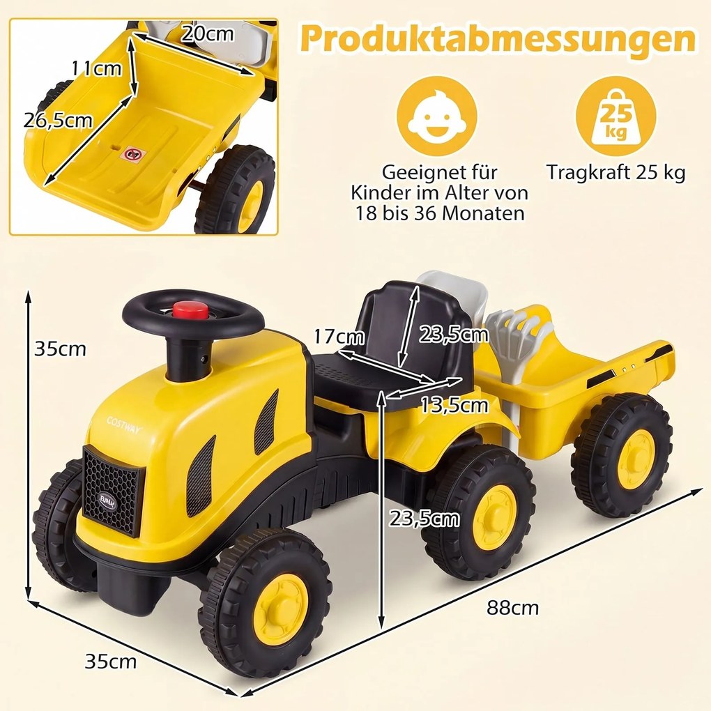 Costway Dětský traktor s přívěsem, klaksonem a ergonomickou sedačkou, 2-in