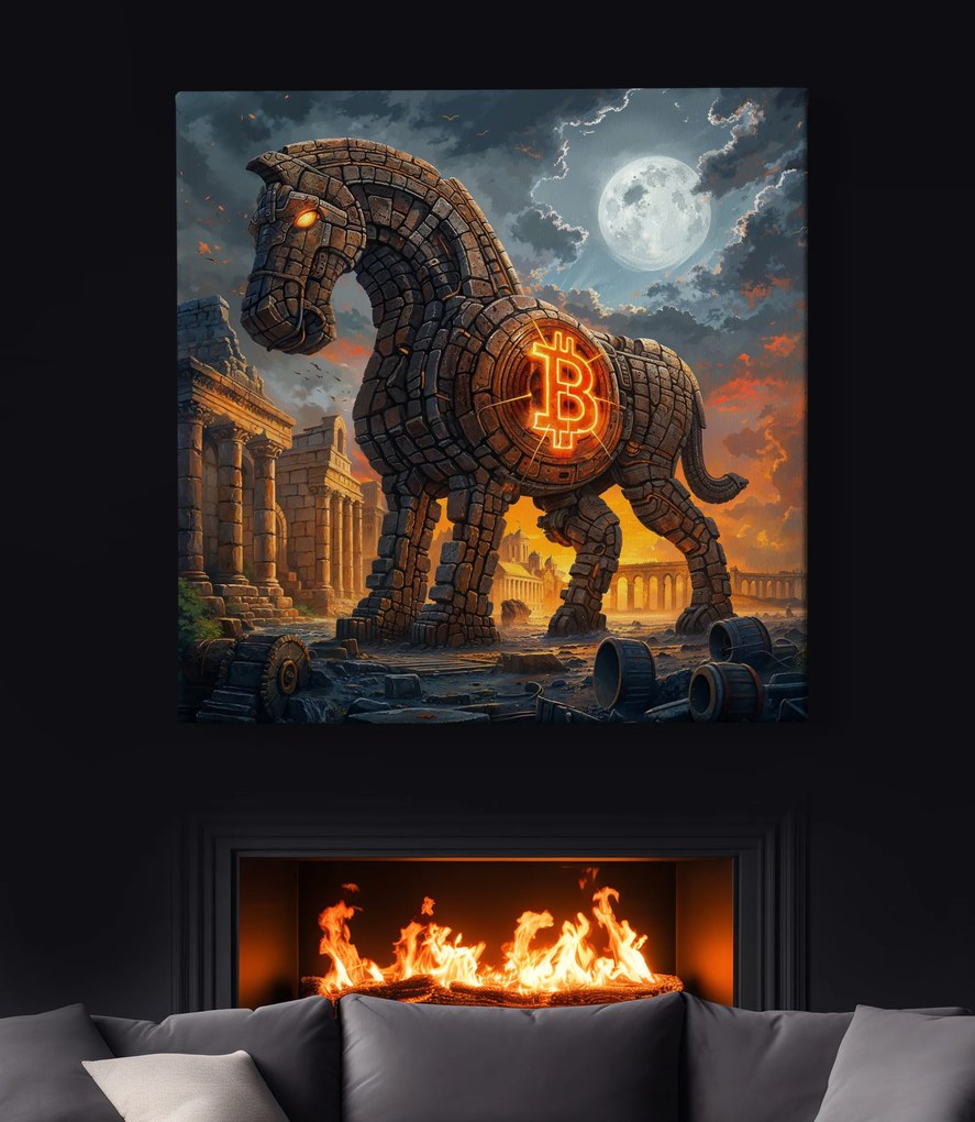 Obraz na plátně - Bitcoin, Trojský kůň, Ancient Bank FeelHappy.cz Velikost obrazu: 120 x 120 cm