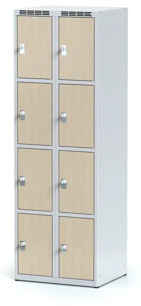 Alfa 3 Šatní skříňka s úložnými boxy, 8 boxů 300 mm, laminované dveře ořech, otočný zámek