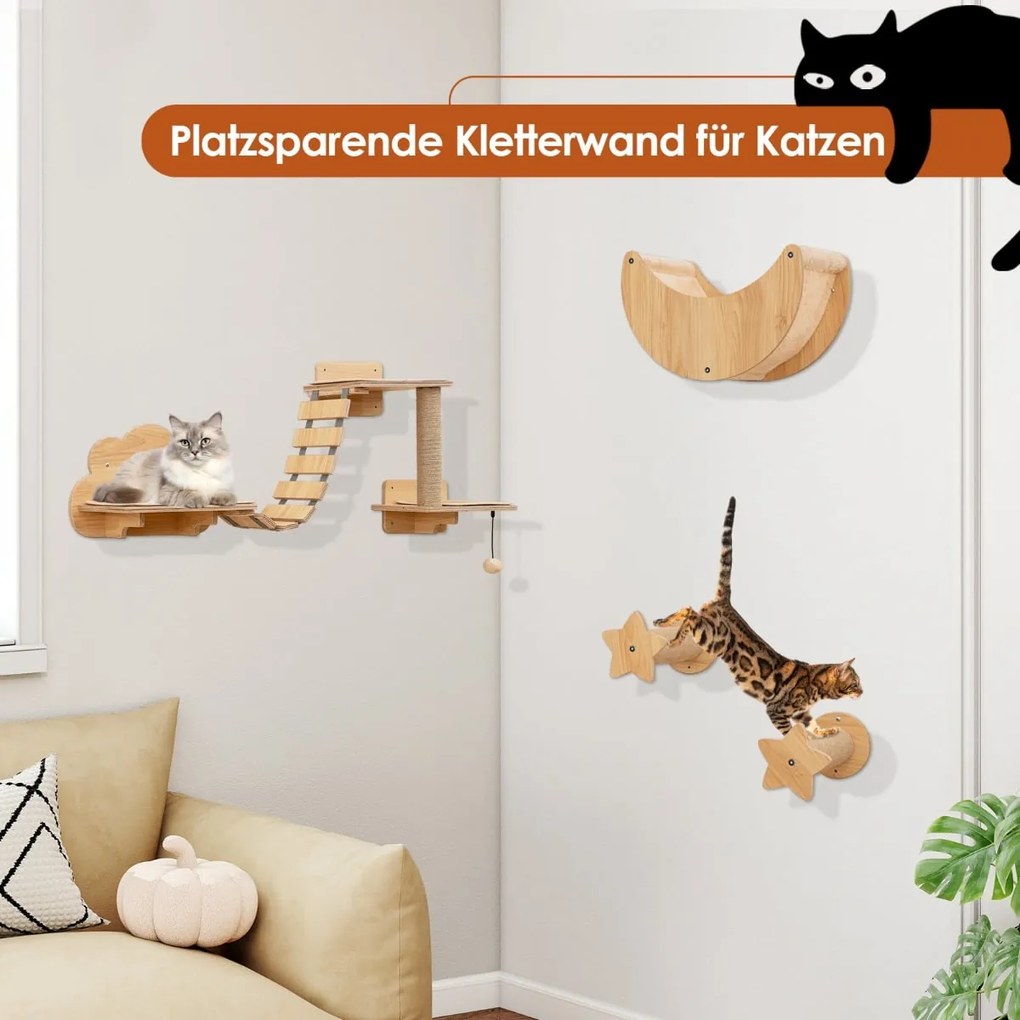 Costway 6 PCS lezecká stěna Kočky 2-stupňové škrabadlo s plošinami Houpací síť