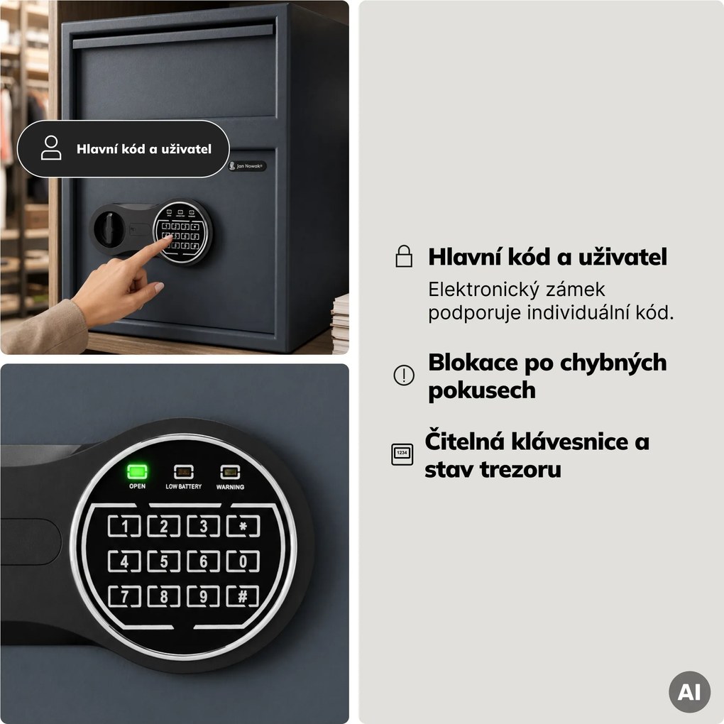 Depozitní trezor s vhozem, elektronický zámek na kód, na peníze a dokumenty, 345x455x300 mm: CEDRIC