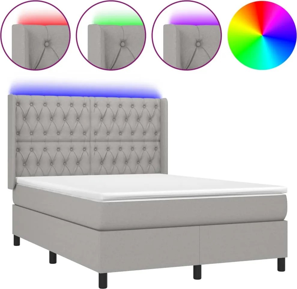Box spring postel s matrací a LED světle šedá 140x200 cm textil 3138557