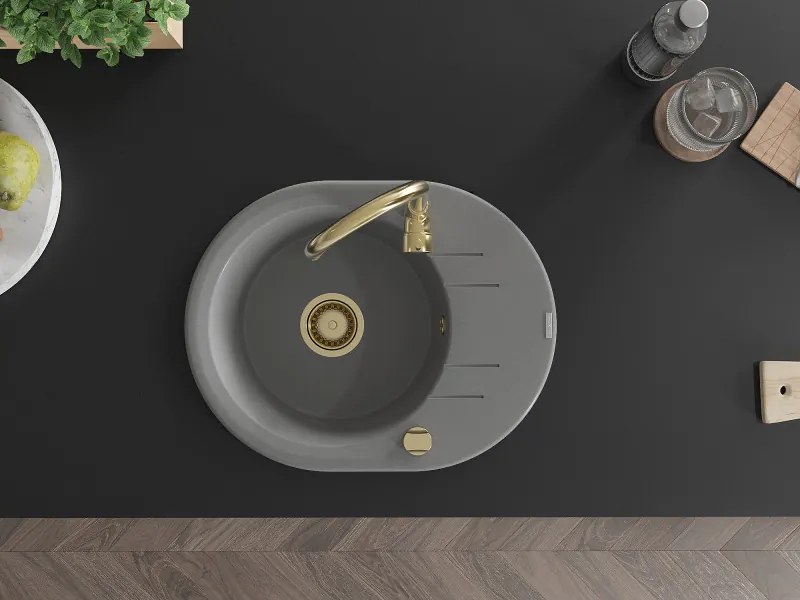 Mexen Kevin, granitový dřez 586x458x190 mm, 1-komorový, šedá se zlatým sifonem, 6517581005-71-G