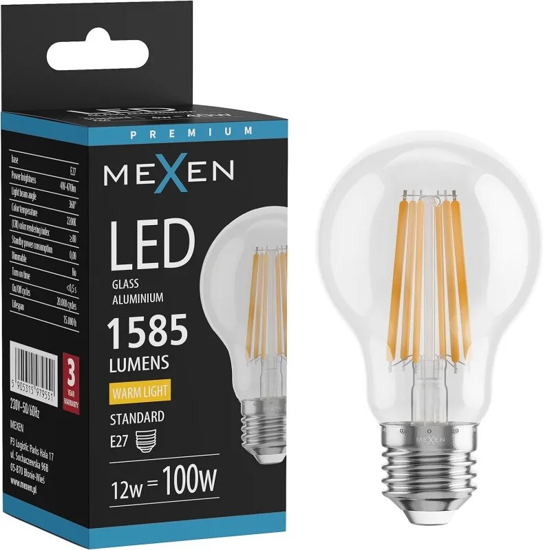 Mexen Vintis, LED filamentová žárovka E27, A60, 12 W, teplá bílá 2700K, čirá, L150-E27-1227-00