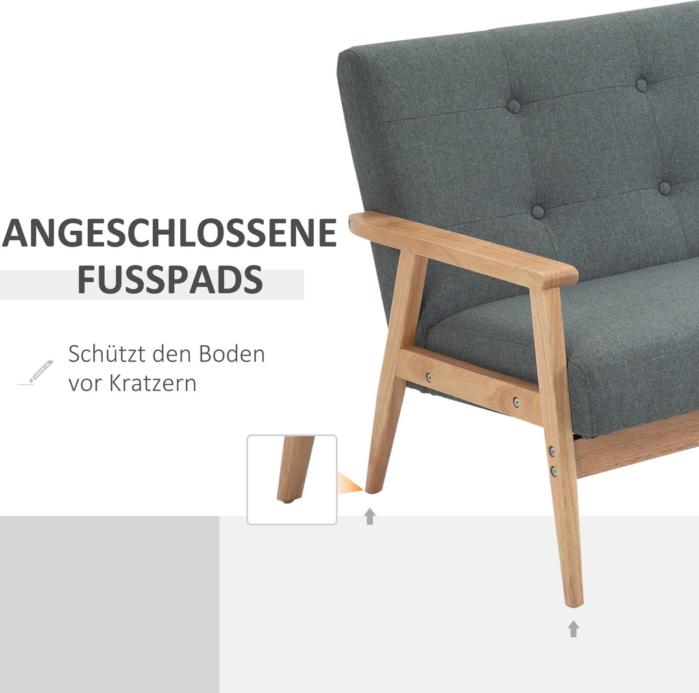 HOMCOM Dvoumístná pohovka Loveseat 2-místná s čalouněním kompaktní design v kombinaci lnu a kaučukovníku šedá 115x66,5x73cm do obývacího pokoje