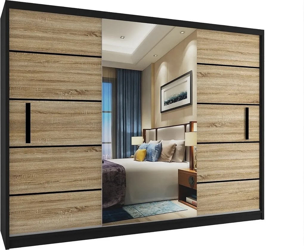 Šatní skříň 232 cm Belini černý mat / dub sonoma s posuvnými dveřmi a zrcadlem  MZ SZP4/2/1B/2DS1L/0/BL