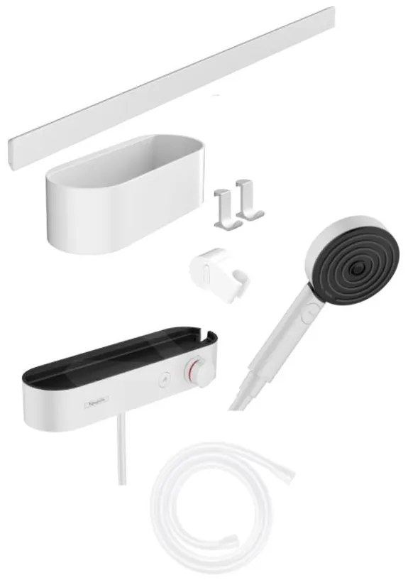 Hansgrohe WallStoris, Set sprchové hlavice 105, 3 proudy, termostatu a koupelnových doplňků, matná bílá 24250700