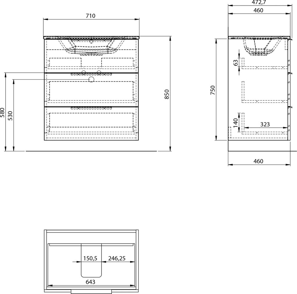 Sapho Sapho, CIRASA umyvadlová skříňka 69,8x75x46cm, 3x zásuvka, dub Alabama, CR731-2222