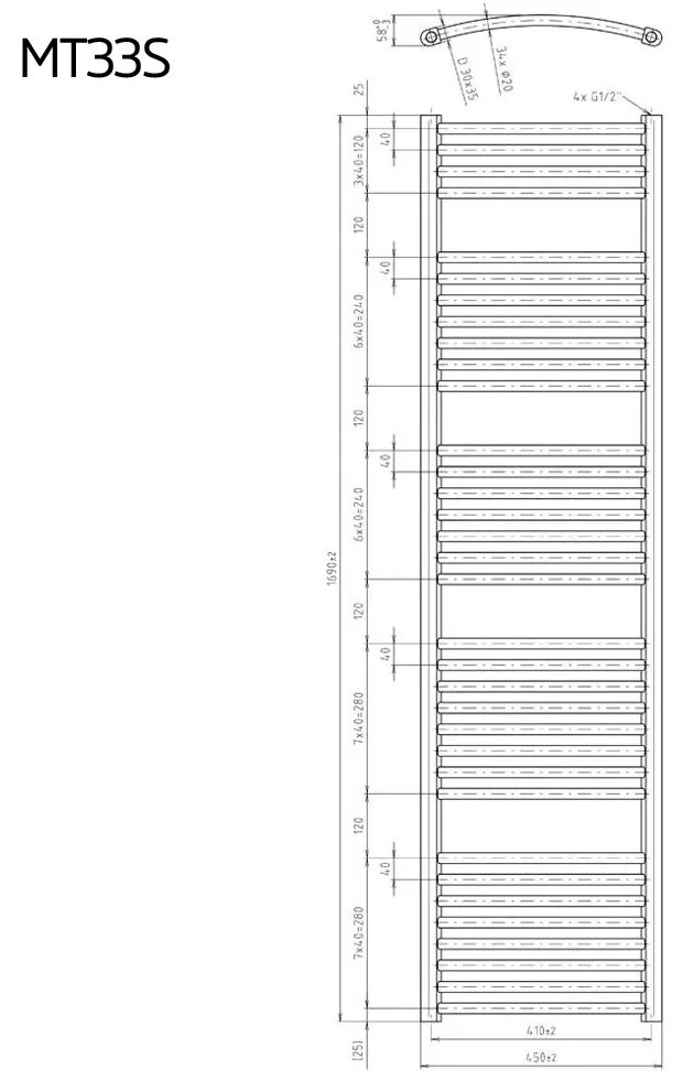 Mereo otopný žebřík oblý 450x1690 mm středové připojení bílý MT33S