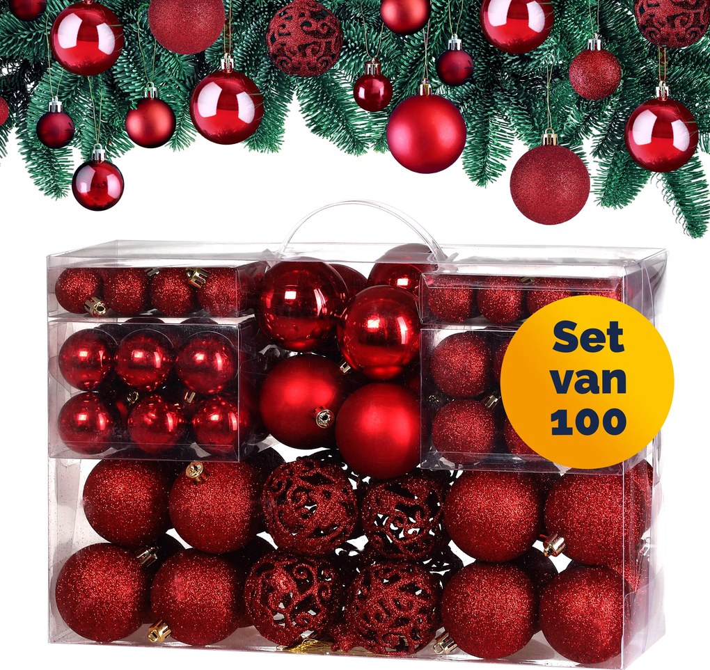 Vánoční koule červená 100dílný in matné, lesklé & třpytivé