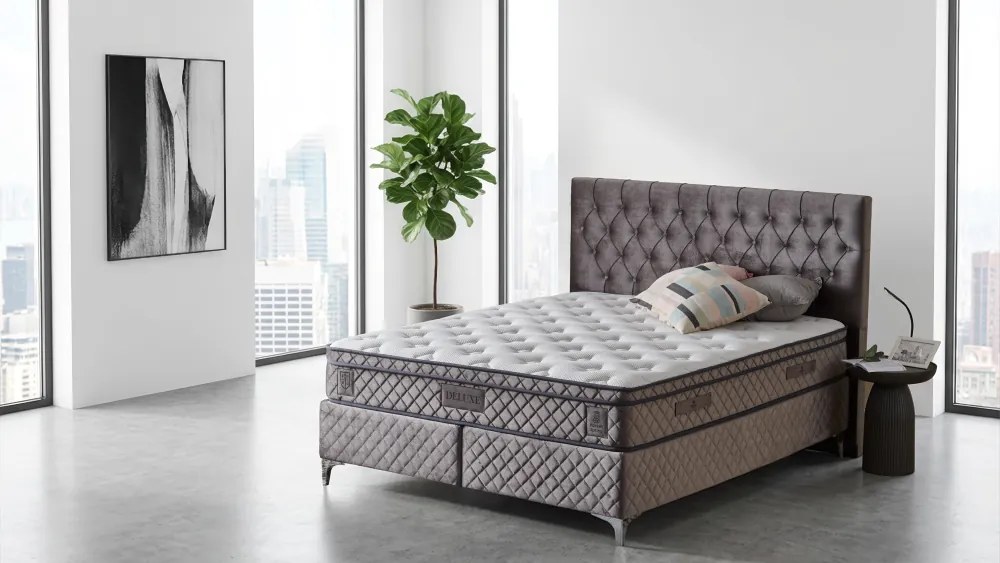 Čalouněná postel DELUXE s matrací - šedá 90 × 200 cm