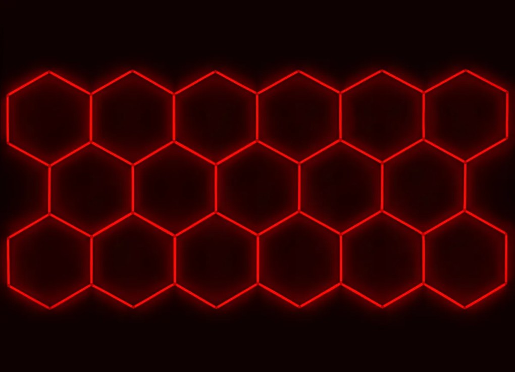 Kompletní Led hexagonové svítidlo červené, rozměr 17 elementů 504 x 238 cm