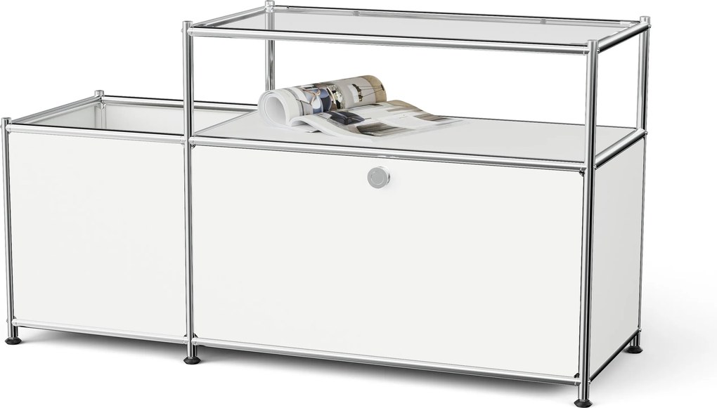 Tchibo - Nízká kovová skříňka »Cn3« s výklopnými dvířky a skleněnou deskou - barva: chrom