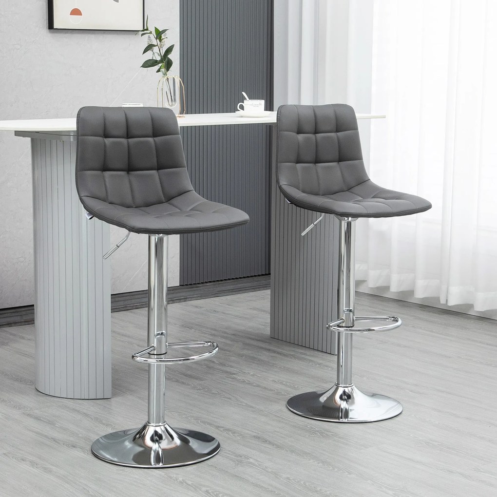 HOMCOM Sada 2 barových židlí z imitace kůže s opěradlem, otočné kuchyňské a obývací židle s opěrkou nohou, 42x45x89-110cm, Šedé