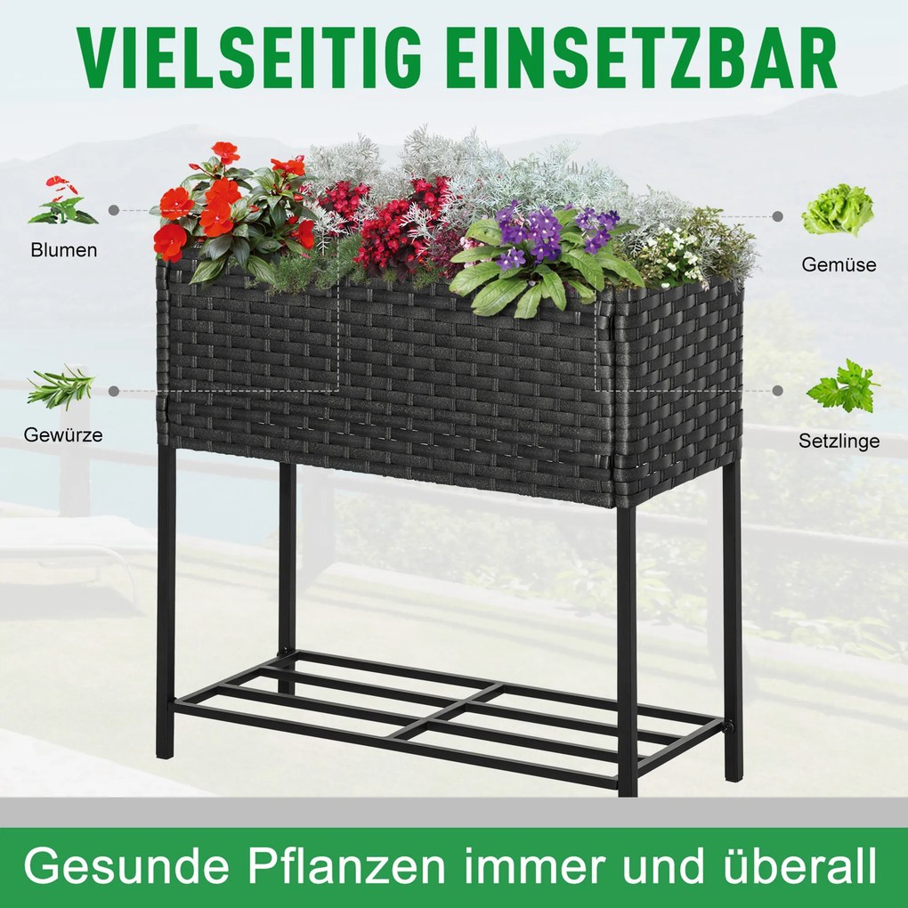 Vyvýšený záhon Outsunny z polyratanu s nožičkami a policí, 70 x 30 x 72 cm, hnědý pro zahradu balkon terasu | Aosom.de