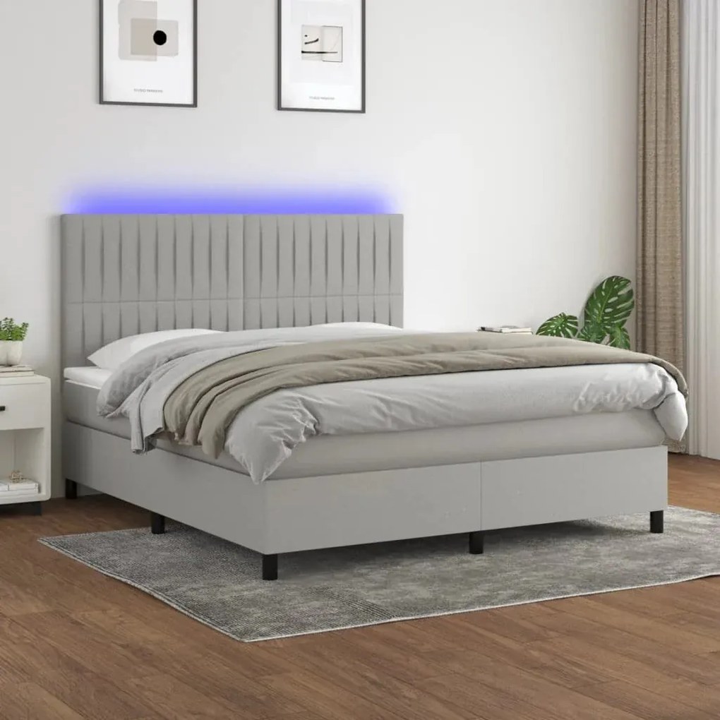 Box Spring Postel S Matrací A Led Textil Světle Šedá Svislé pruhy 160 x 2