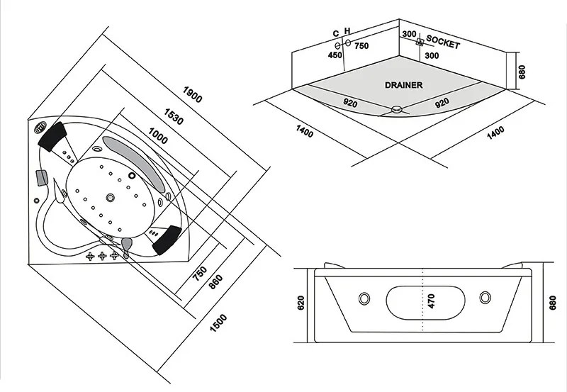 BPS-koupelny Hydromasážní vana HYD-FL601H 140x140 s ohřevem vody