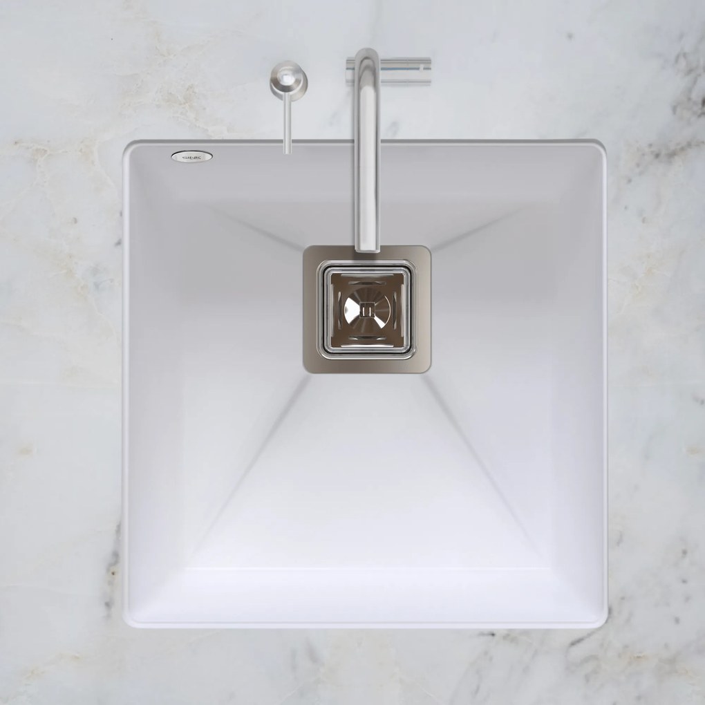 Sink Quality Argon 50, kuchyňský granitový dřez 420x420x225 mm + chromový sifon, bílá, SKQ-ARG.W.1KBO.50.X