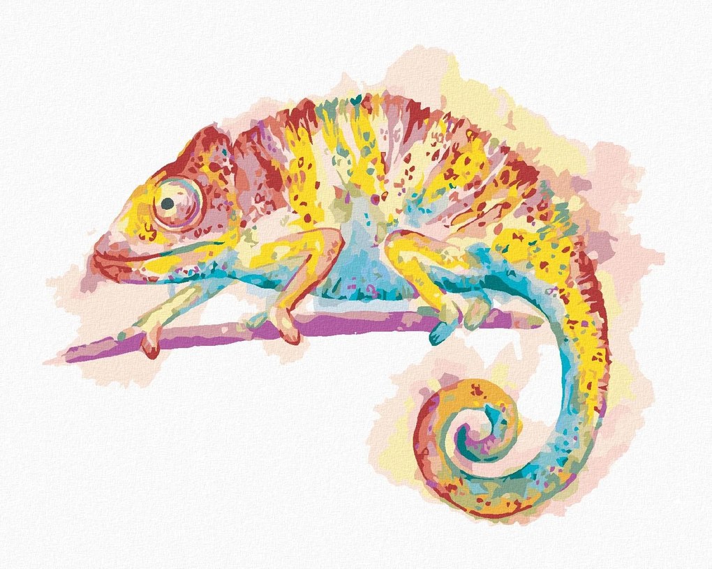 Diamantové malování diamondi - barevný chameleon na bílém pozadí, 40x50 cm, vypnuté plátno na rám