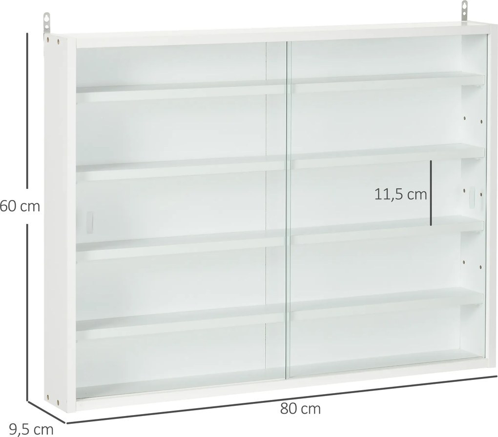 HOMCOM Nástěnná vitrína s nastavitelnými policemi a 2 posuvnými skleněnými dveřmi na kolekce parfémů a dekorativních figurín 80x9,5x60 cm Bílá