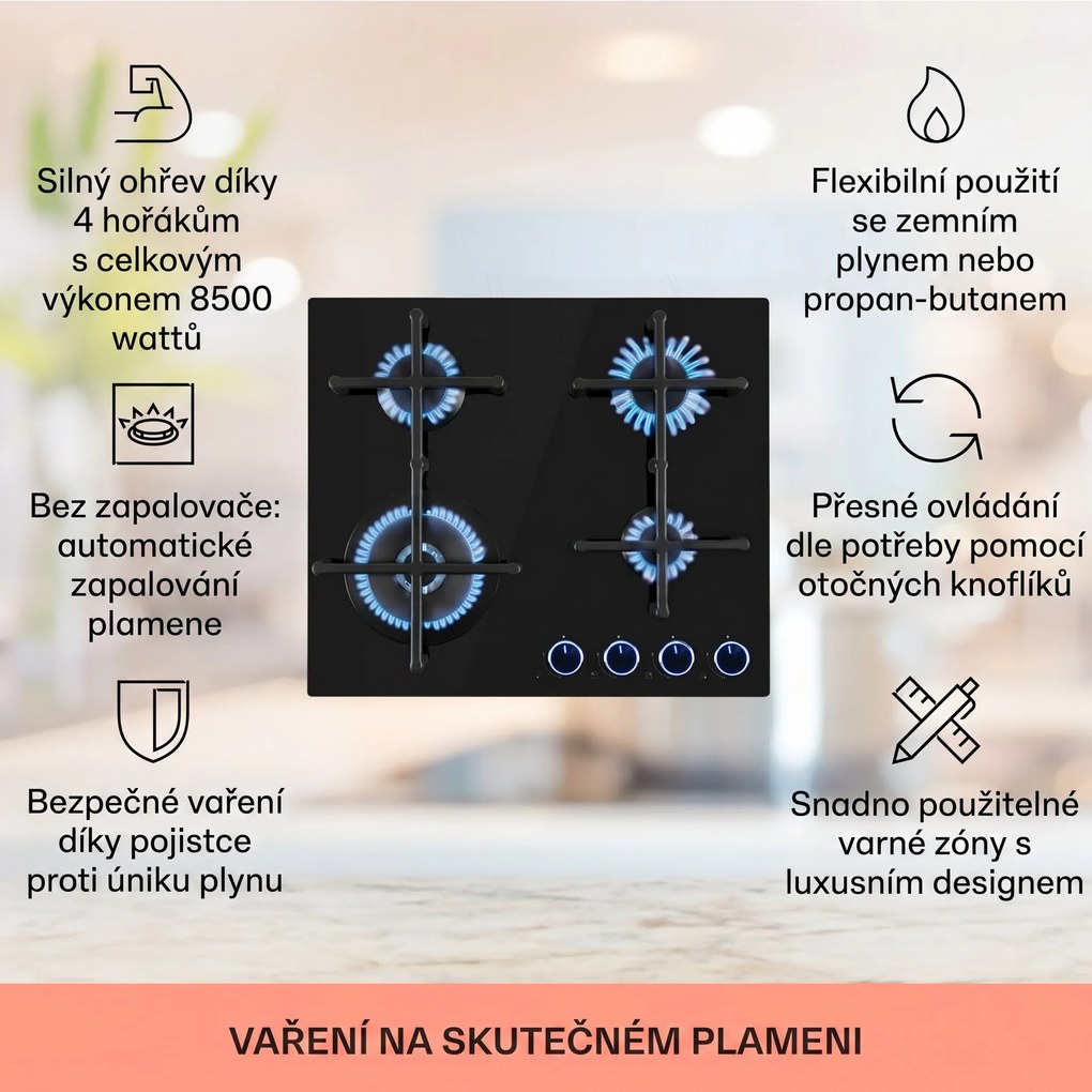 Klarstein Illuminosa 4, plynová varná deska, 4 hořáky Sabaf, sklokeramika