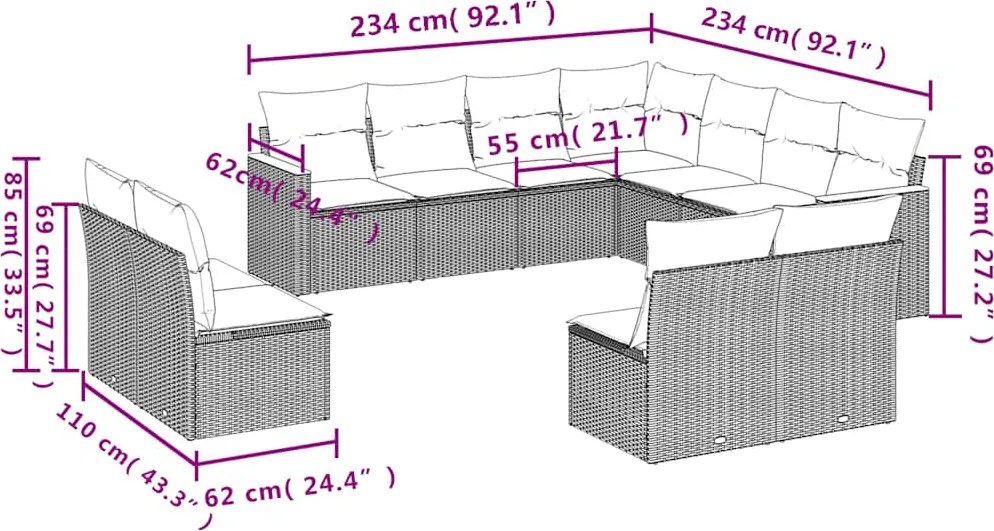 11dílná zahradní sedací souprava s polštáři černá polyratan 3226085