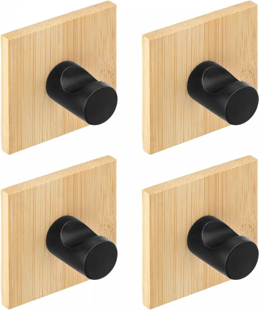 Erga Ozi, samolepící háčky na ručníky bez vrtání, 4 ks, 5 × 5 cm, bambus/černá matná, ERG-YKA-CH.OZI4-BLK