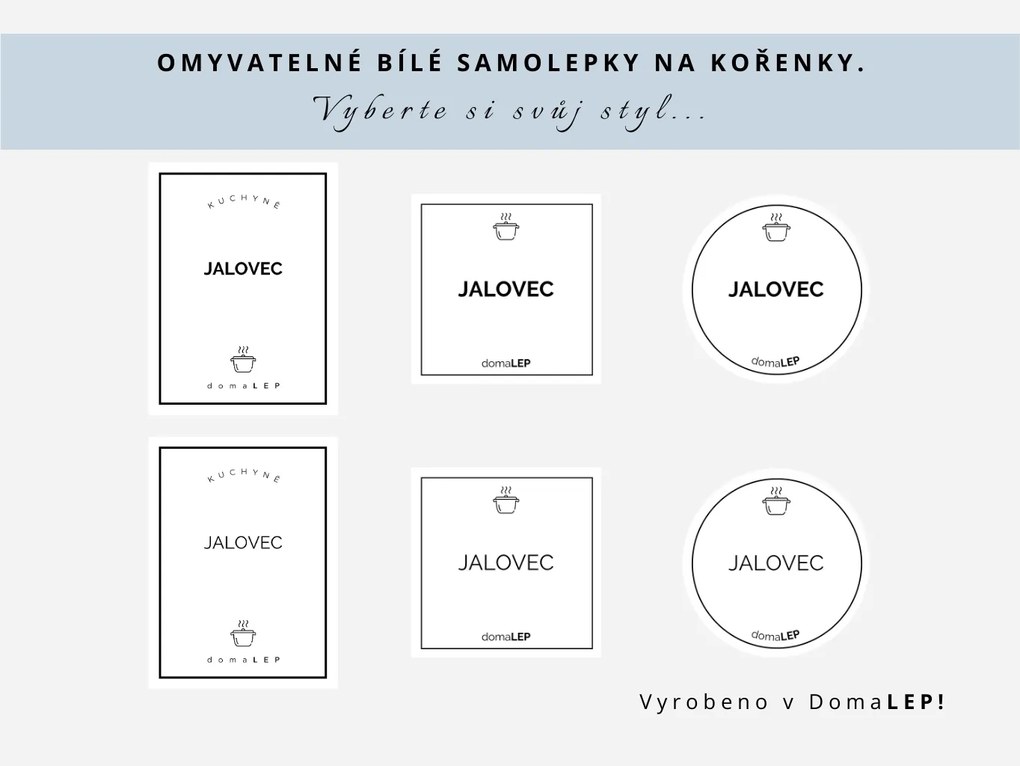 JALOVEC - omyvatelná samolepka na kořenky, výběr rozměrů Ø 5 cm / 5 x 5 cm / 6 x 8 cm | DomaLEP tvar: ČTVEREC, barva: BÍLÁ - ČERNÉ písmo, velikost: š. 5 cm x v. 5 cm - základní písmo