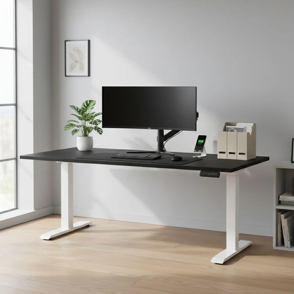 Výškově nastavitelný stůl OfficeTech C, 180 x 80 cm, bílá podnož, černá