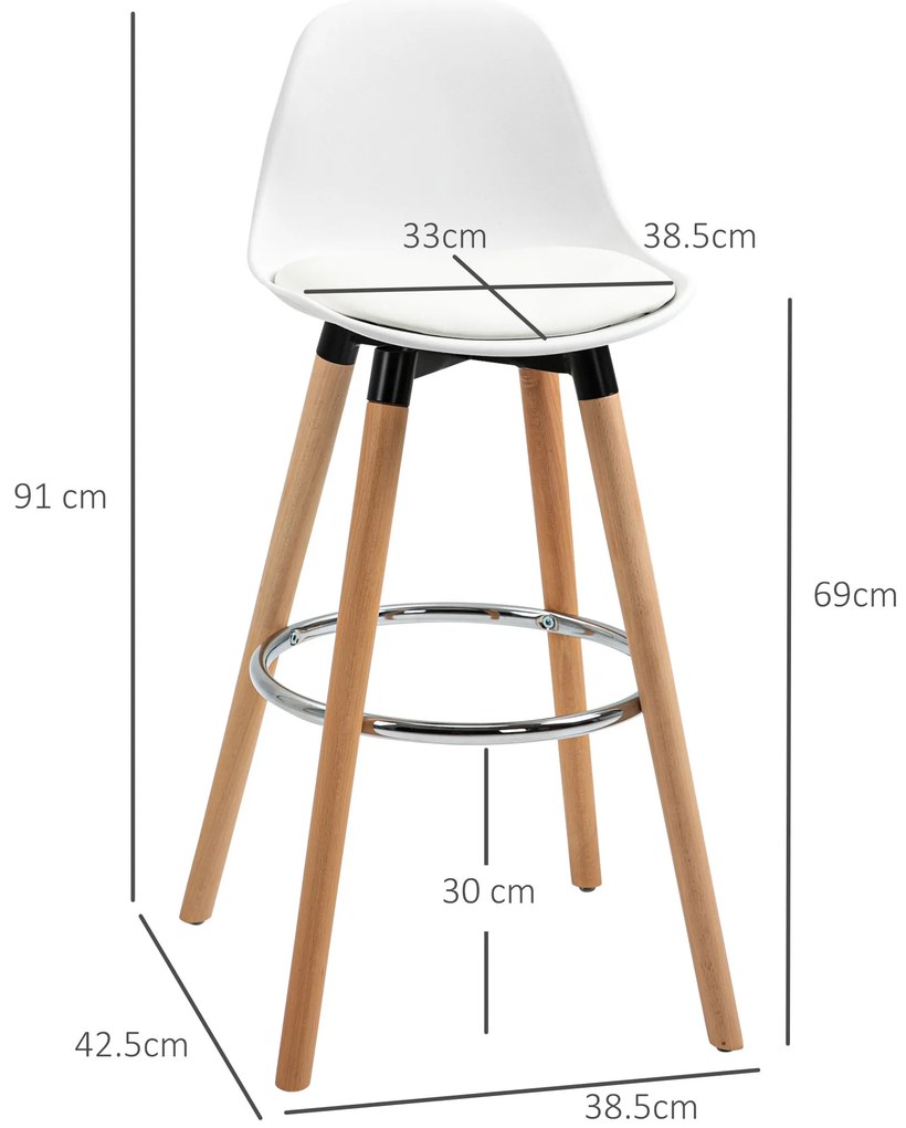 HOMCOM barové židle, sada 2 ks, 43 × 43 × 91 cm, bílé/přírodní