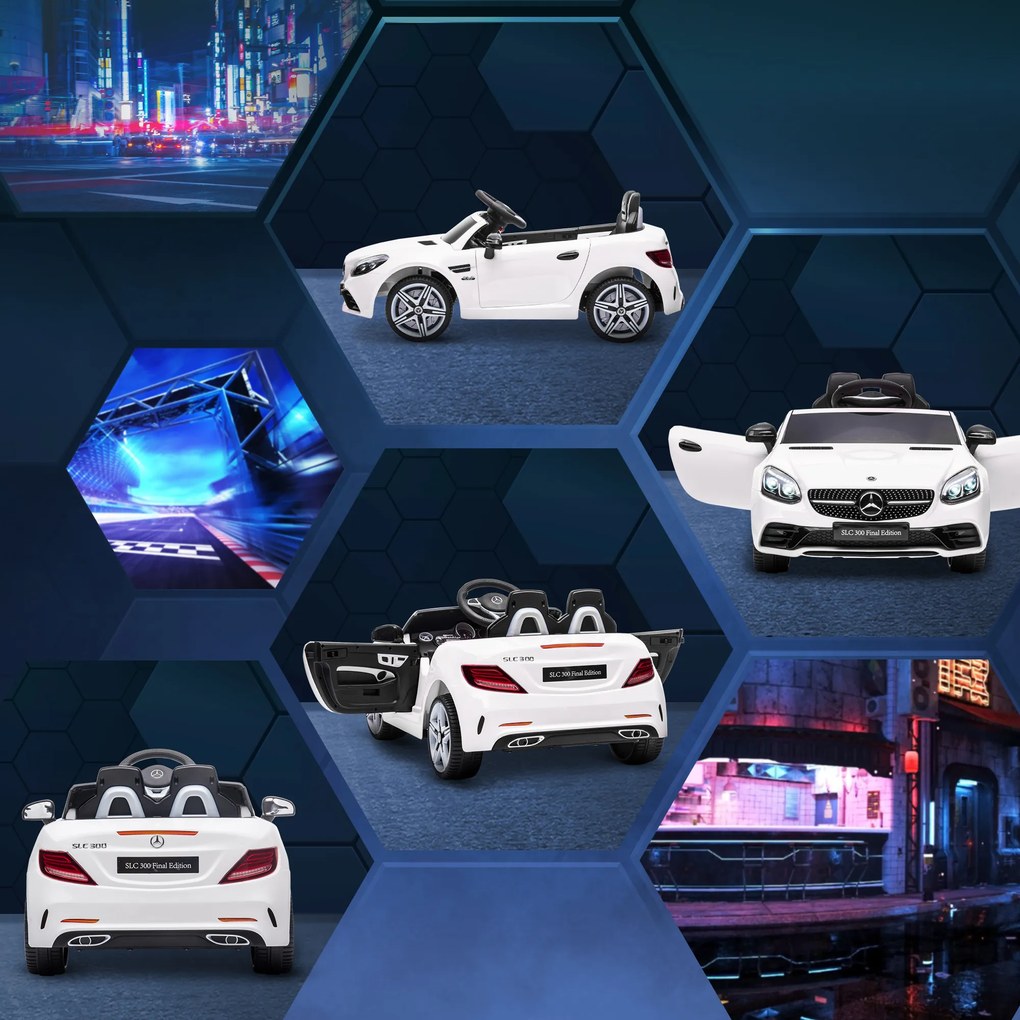 Dětské elektrické auto AIYAPLAY Mercedes SLC 300 s 12V baterií pro děti od 3 let s dálkovým ovládáním, LED světly, klaksonem a hudbou - Bílá