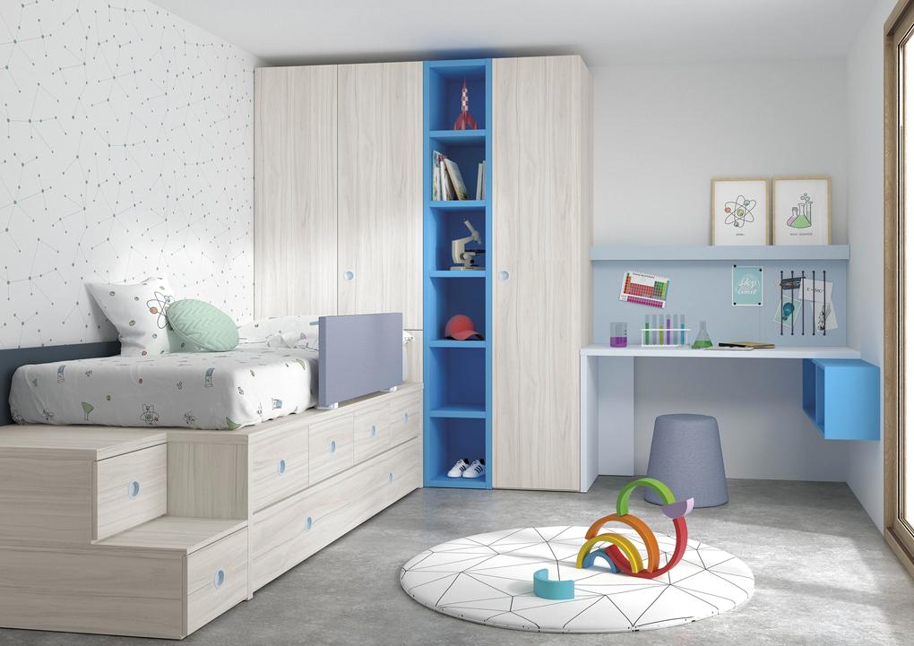 11mood - dětský pokoj s vyvýšenou postelí se zásuvkami, šatní skříní a psacím koutem