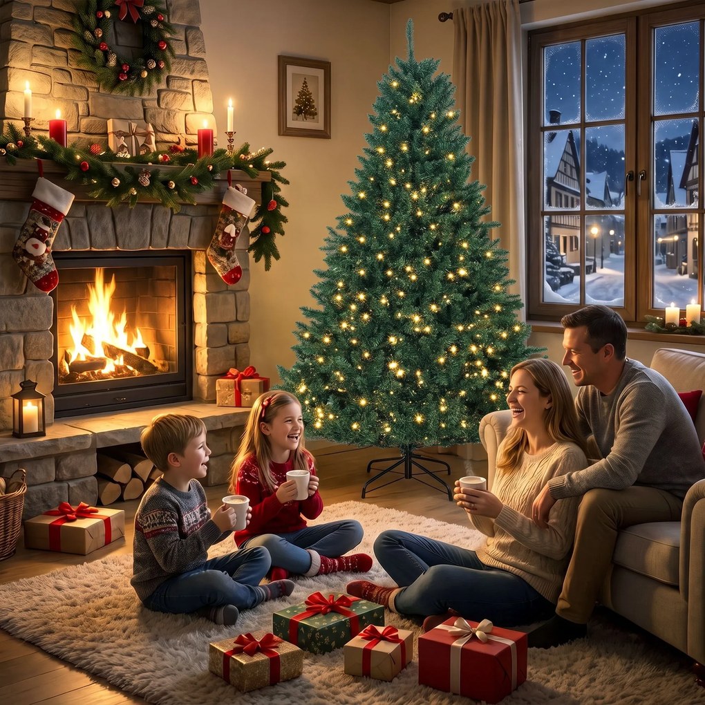 HOMCOM Vánoční strom, 550 teplých bílých LED diod, 1494 větviček, nehořlavý, plast/kov, 180 x 112 cm, zelený