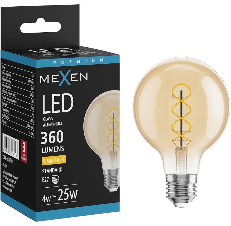 Mexen Vintis LED Žárovka filament spirála E27, G80, 4W, Teplá - 2700K, 360 lm, jantarová - L165-E27-0427-50