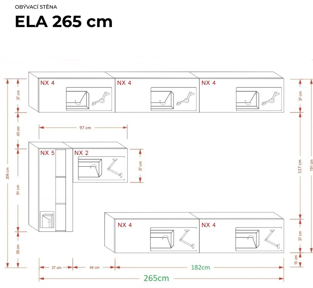 Ral Obývací stěna ELA 5, 265 cm - Černý lesk