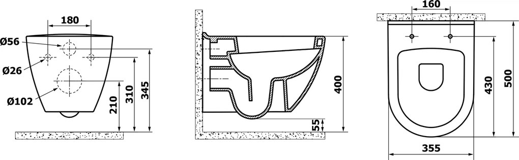 Sapho, PAULA závěsná WC mísa, 35,5x50cm, bílá, TP325