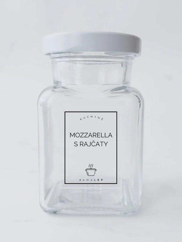 Samolepka na kořenky MOZZARELLA S RAJČATY průhledná 3 × 4 cm základní písmo