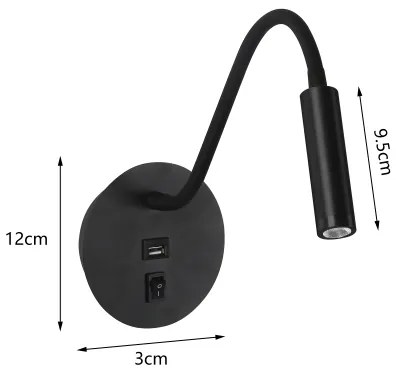 Brilagi - LED Flexibilní nástěnná lampa s USB portem MAYA LED/3W/230V černá