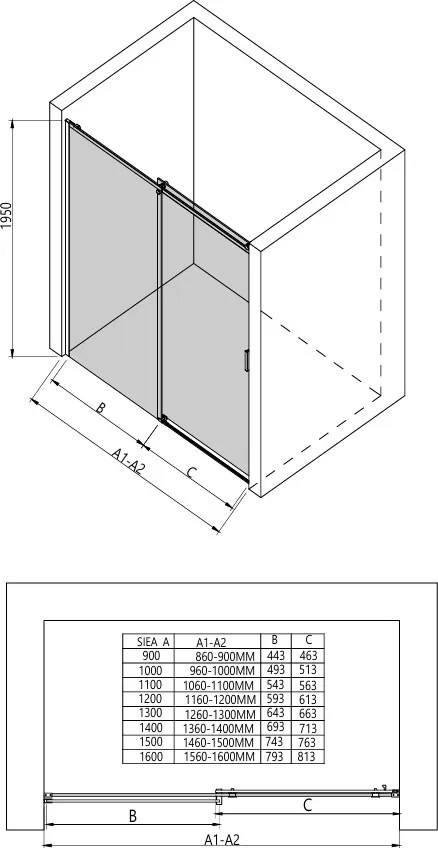 Erga Lynn, posuvné sprchové dveře do otvoru 150x195 cm, 8mm šedé sklo, černý profil, ERG-V02-LYNN-D150-GR-BK