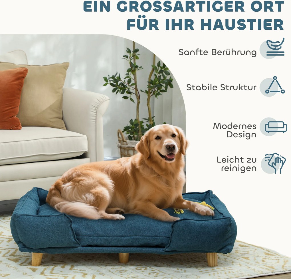 PawHut pelíšek pro psy polštářek pro psy koš pro psy pohovka pro psy dřevěné nohy, polyester, tmavě modrá, 96 x 66 x 24 cm | Aosom